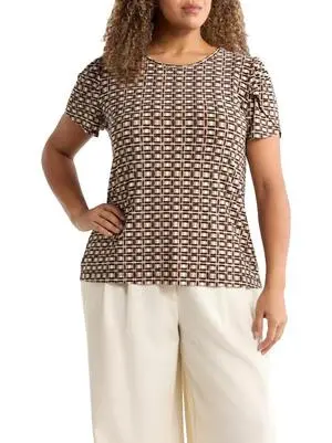 Anne Klein Geometric Print Tulip Sleeve Top - Latte Multi