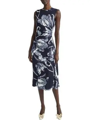 Erdem Floral Print Draped Jersey Midi Dress - Botanical Engraving Midnight