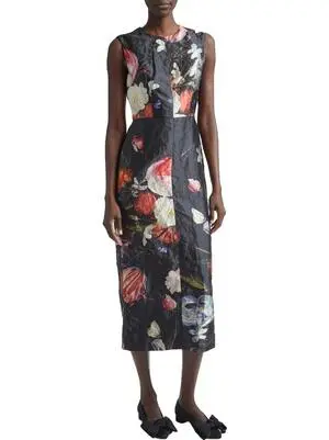 Erdem Floral Painting Crushed Metallic Satin Cocktail Dress - Dutch Flower Painting Black