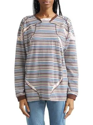 PAOLINA RUSSO Floral Stripe Raglan Sleeve T-shirt - White And Brown Stripes