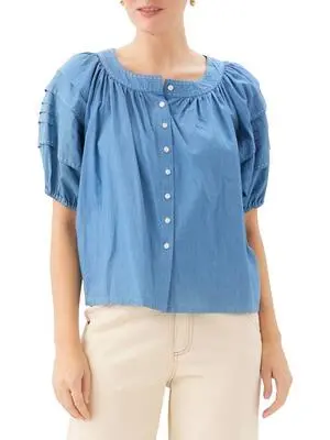 Fifteen Twenty Contrast Stitch Puff Sleeve Button-up Shirt - Chambray