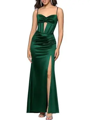 BLONDIE NITES Corset Satin Column Gown - Hunter