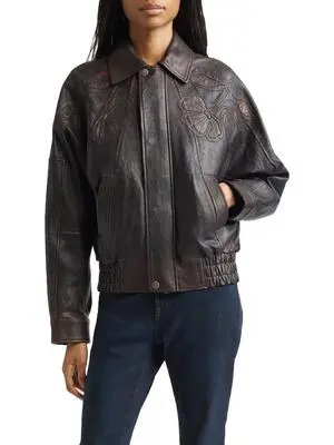 GOLDEN GOOSE Floral Embroidered Oversized Leather Bomber Jacket - Port Royale