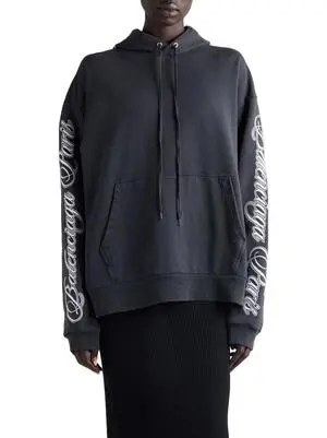 Balenciaga Oversized Cotton Logo Hoodie - 6552 Washed Black 2/white