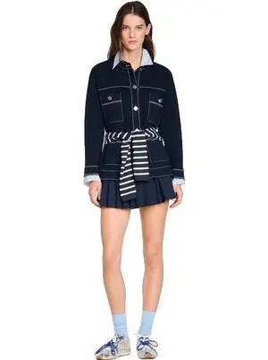 Sandro Contrast Stitch Cardigan - Blue / Navy