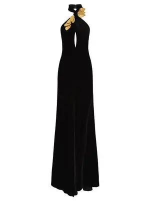 Oscar De La Renta Leaf Embroidered Velvet Gown - Gold