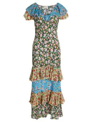 Rixo Floral Ruffled Silk Midi Dress - Multicoloured
