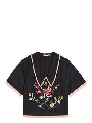 Rixo Nicolina Floral-embroidered Silk Top - Black