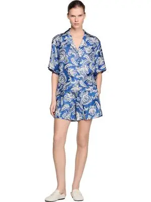 Sandro Floral Print Viscose Shorts - Blue / Ecru