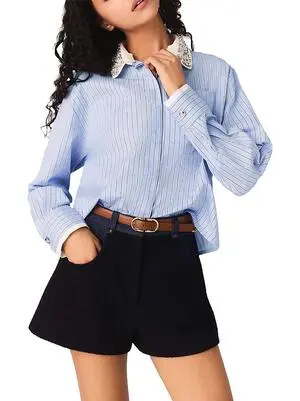 Maje Striped Shirt With Embellished Removable Collar - Blue Sky