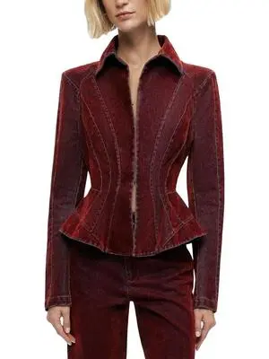 NOCTURNE Velvet Corset-seamed Peplum Jacket - Burgundy
