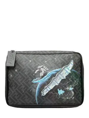 Fendi 2010-2025 Zucca Coated Canvas Surfing Astronaut Clutch - Black