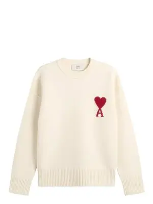 Ami Crewneck Sweater With Contrasted De Coeur - Ecru/rouge