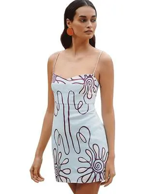 CALA DE LA CRUZ Lucca Linen Mini Dress - Blue Pattern