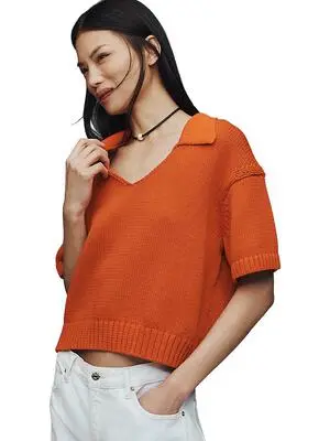 Maeve Collared V-neck Ribbed Sweater - Tomato