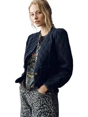 DEAR JOHN Quilted Denim Puff Sleeve Jacket - Dark Denim