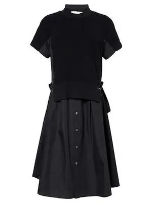 Sacai Contrast-knit Cotton-poplin Maxi Dress - Black