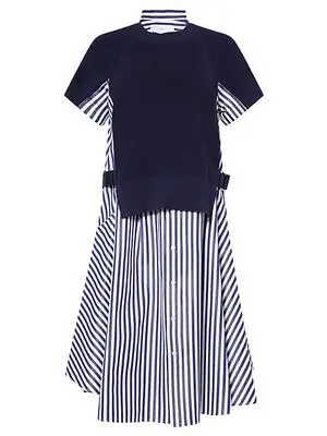 Sacai Contrast-knit Cotton-poplin Maxi Dress - Navy