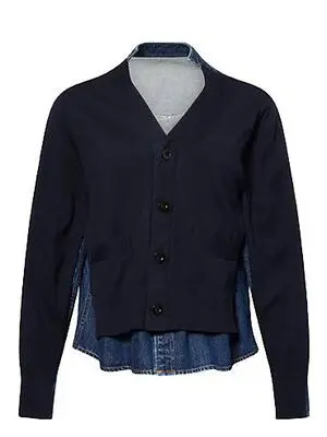 Sacai Contrast Denim V-neck Cotton-blend Cardigan - Blue