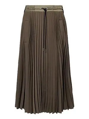 Sacai Pleated Drawstring Woven Midi Skirt - Khaki