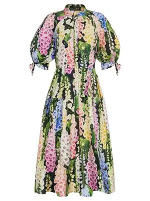 Oscar De La Renta Foxglove Puff Sleeve Floral Print Midi Dress - Black