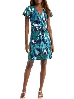 Tommy Bahama Sophia Serene Palms Flutter Sleeve Faux Wrap Dress - Coastline
