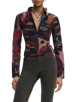 Desigual Mixed Print Long Sleeve Shirt - Gray Brown