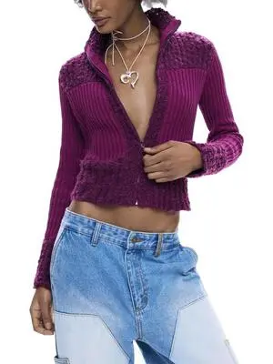 Desigual Mixed Stitch Zip Cardigan - Purple