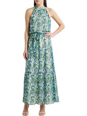 Julia Jordan Floral Mock Neck Tiered Maxi Dress - Green Multi