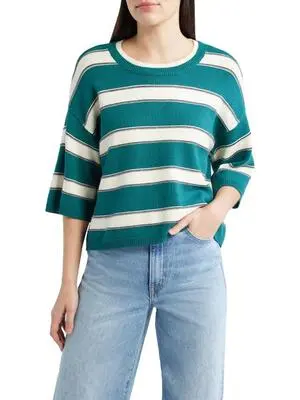 Wit & Wisdom Striped Boxy Sweater - Lake Green/off White