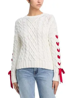 Aqua Cable Knit Sweater With Ribbon Weave Detail - Ivory/red