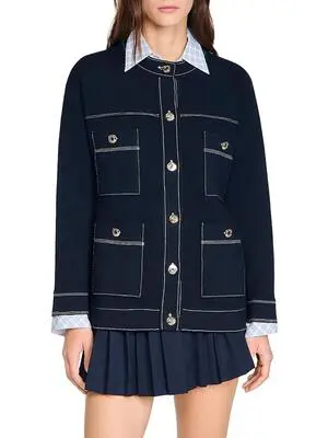 Sandro Contrast Stitch Cardigan - Navy Blue