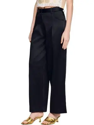 Sandro Satin-effect Wide-leg Trousers - Black