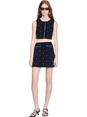 Sandro Rhinestone Embroidered Knit Mini Skirt - Black