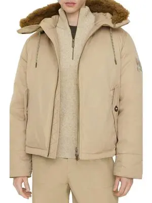 Burberry Shearling Trim Gabardine Hooded Jacket - Hamper Beige