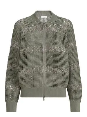 Brunello Cucinelli Striped Openwork Knit Cardigan - Khaki