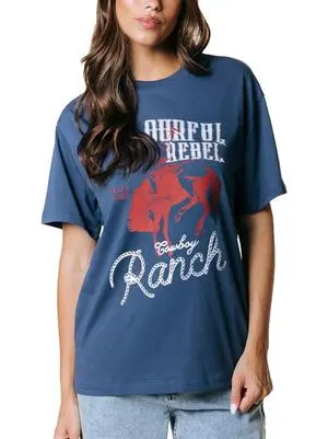 COLOURFUL REBEL Cr Ranch Loose Fit Tee - Denim Blue