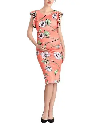 KIMI + KAI Floral Print Maternity Nursing Midi Dress - Coral