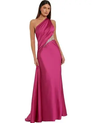 Mac Duggal One-shoulder Charmeuse Gown With Beaded Cutout - Pink