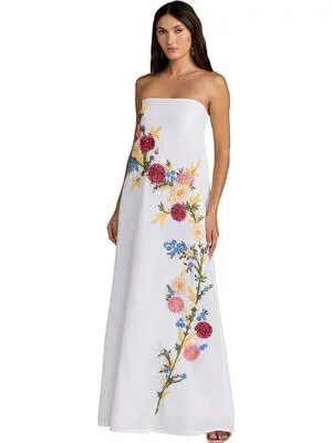 Mac Duggal Strapless Floral Embroidered Linen Gown - White Multi