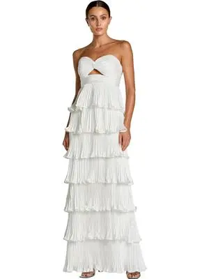 Mac Duggal Pleated Charmeuse Strapless Tiered Ruffle Gown - White