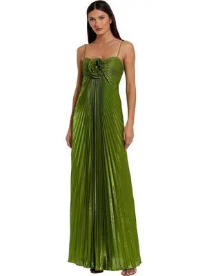 MAC DUGGAL Ieena For Mac Duggal Metallic Pleated Gown With 3D Flower