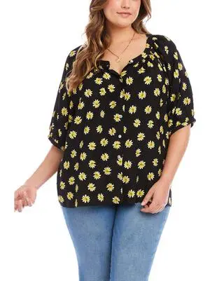 Karen Kane Floral Button-up Peasant Top - Black/floral Print
