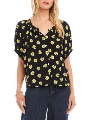 Karen Kane Floral Button-up Blouse - Black/floral Print