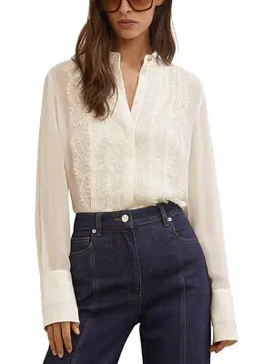 REISS Miranda Lace Trim Blouse - Cream