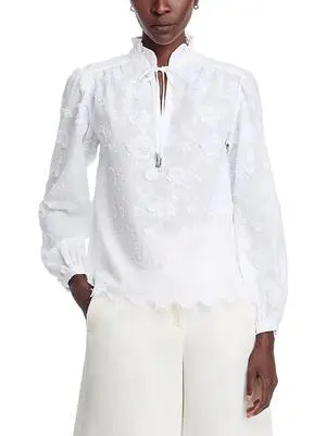 Michael Kors Embroidered Cotton Frill Blouse - White