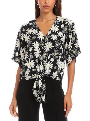 Karen Kane Flutter Sleeve Tie Front Top - Print