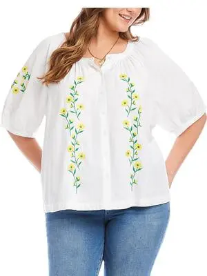 Karen Kane Puff Sleeve Embroidered Peasant Top - Off White