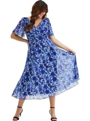 SCARLETT & JO Victoria Floral Angel Sleeve Midi Dress - Cobalt Blue Print