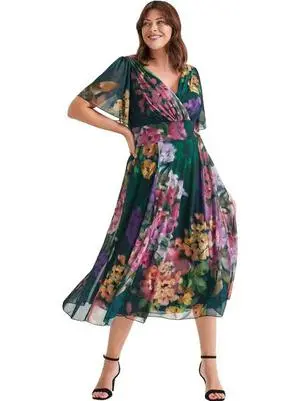 SCARLETT & JO Victoria Floral Angel Sleeve Midi Dress - Green Multi